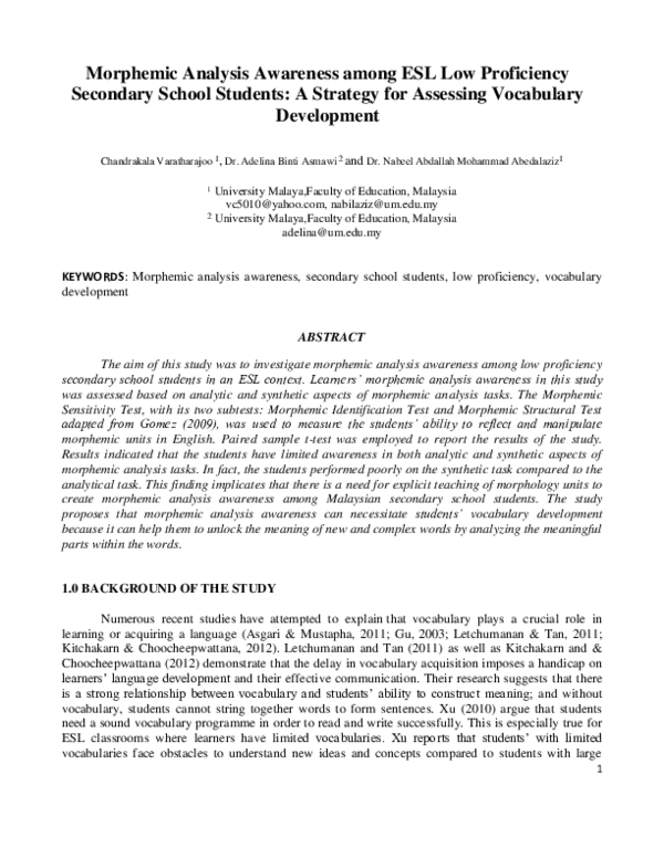 (PDF) Morphemic Analysis Awareness among ESL Low Proficiency Secondary ...