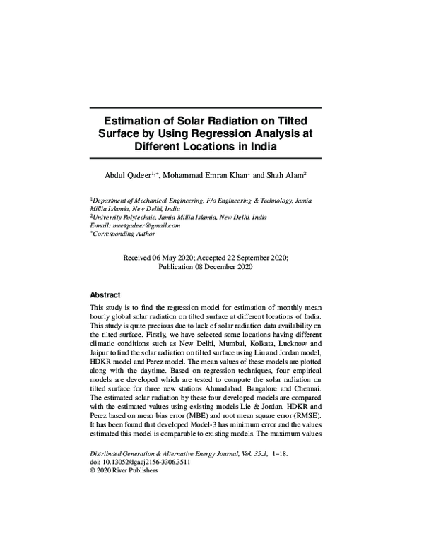 (PDF) Estimation of Solar Radiation on Tilted Surface by Using Regression Analysis at Different ...
