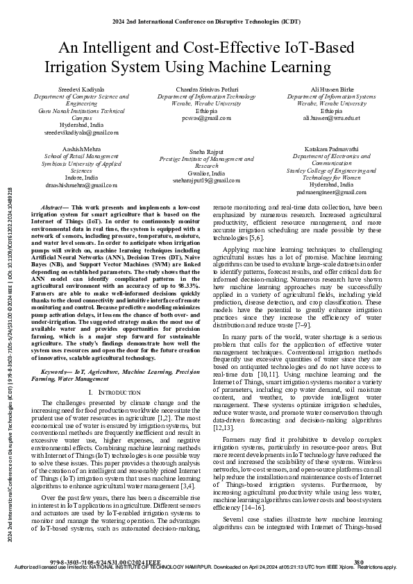 (PDF) An Intelligent and Cost-Effective IoT-Based Irrigation System Using Machine Learning