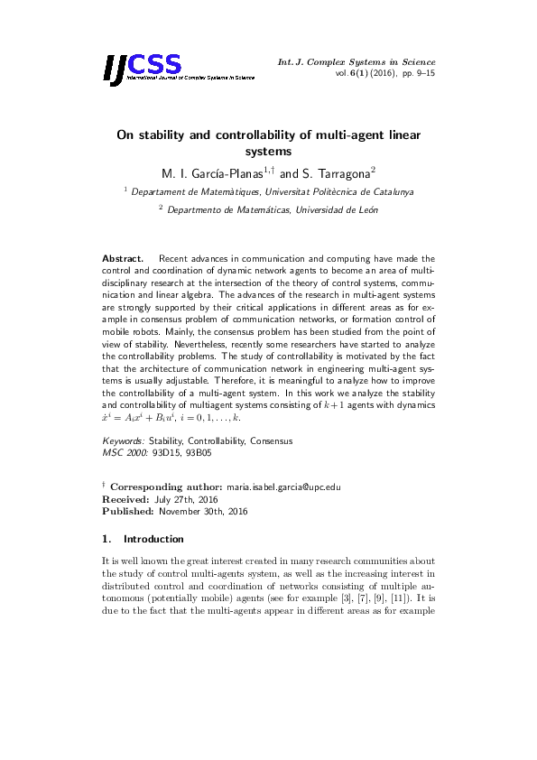 (PDF) On stability and controllability of multi-agent linear systems