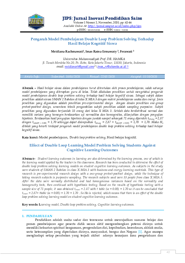 (PDF) Pengaruh Model Pembelajaran Double Loop Problem Solving Terhadap Hasil Belajar Kognitif Siswa