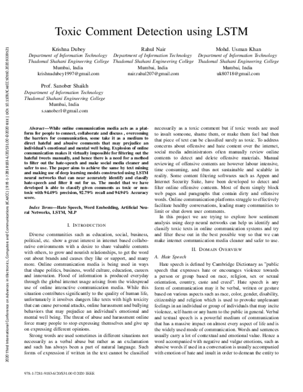 (PDF) Toxic Comment Detection using LSTM | Usman Khalid Khan - Academia.edu