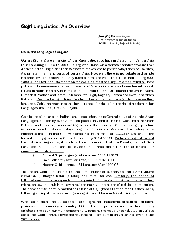 (PDF) Gojri Linguistics: An Overview