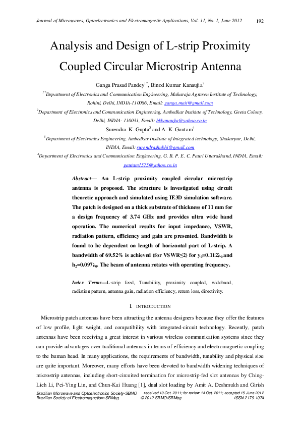 (PDF) Analysis and design of L-strip proximity coupled circular microstrip antenna