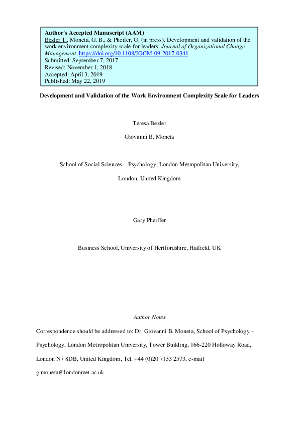 (PDF) Development and validation of the Work Environment Complexity Scale for leaders
