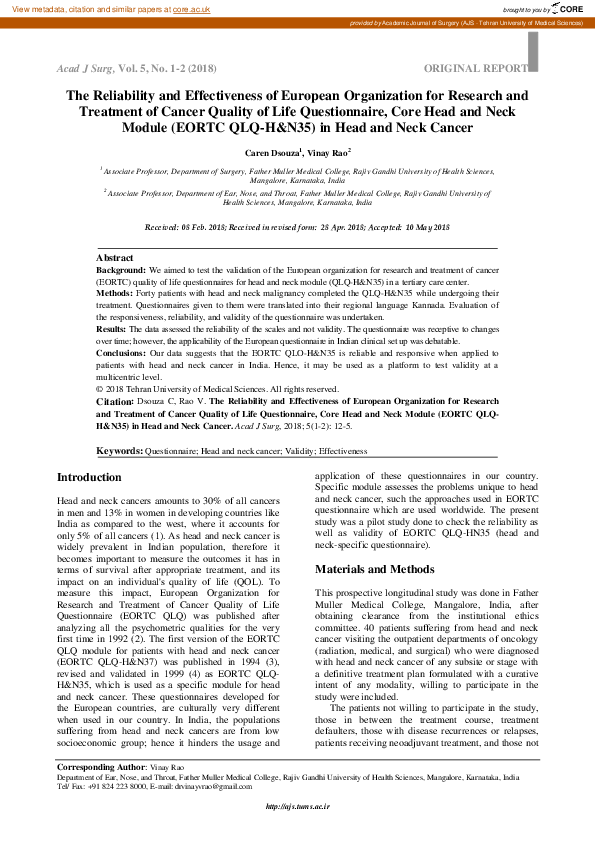 (PDF) The Reliability and Effectiveness of European Organization for Research and Treatment of ...