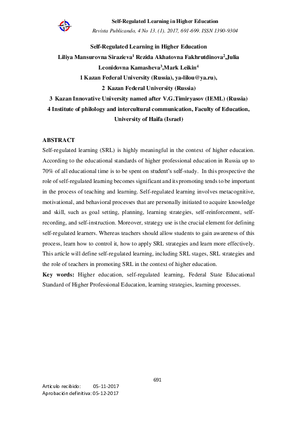 Pdf Self Regulated Learning In Higher Education