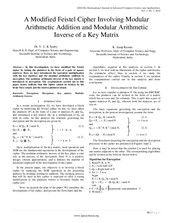 (PDF) A Modified Feistel Cipher Involving Modular Arithmetic Addition and Modular Arithmetic ...