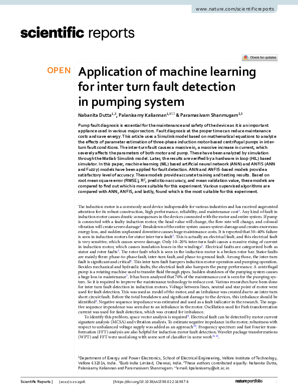 (PDF) Application of Machine Learning for Inter Turn Fault Detection in Pumping System