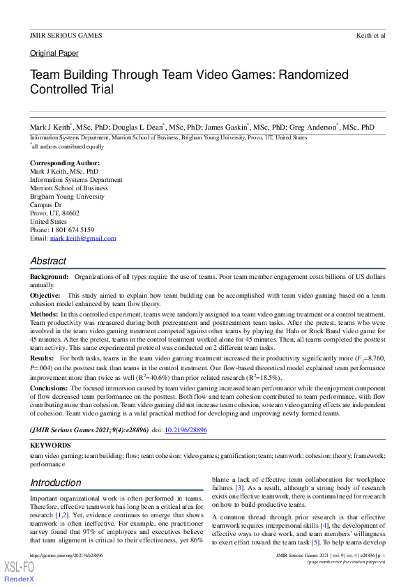 (PDF) Team Building Through Team Video Games: Randomized Controlled Trial