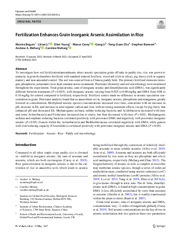 (PDF) Fertilization Enhances Grain Inorganic Arsenic Assimilation in Rice
