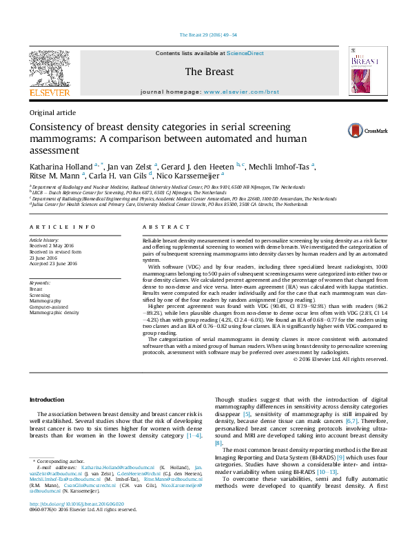 (PDF) Consistency of breast density categories in serial screening mammograms: A comparison ...