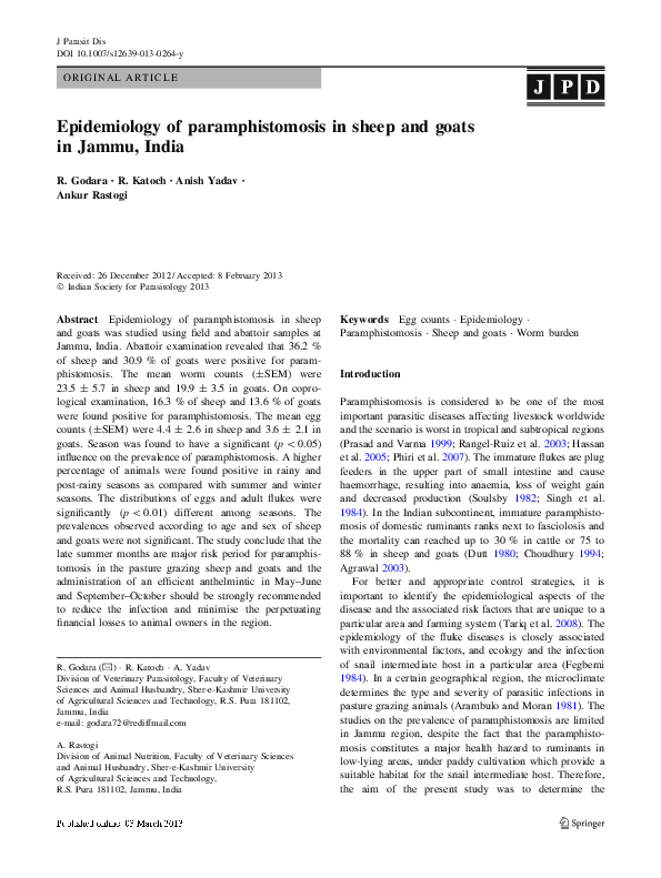 (PDF) Epidemiology of paramphistomosis in sheep and goats in Jammu, India