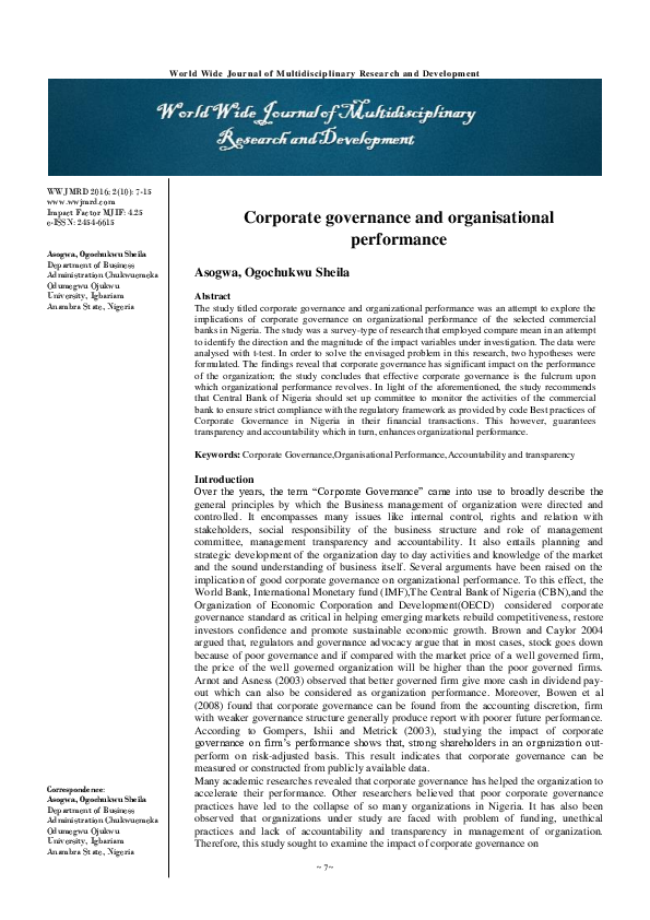 (PDF) Corporate governance and organisational performance