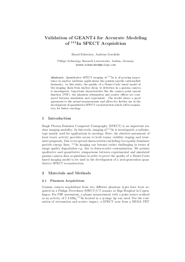 (PDF) Validation of GEANT4 for Accurate Modeling of $^{111}$In SPECT Acquisition