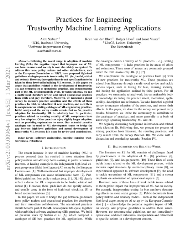 (PDF) Practices for Engineering Trustworthy Machine Learning Applications