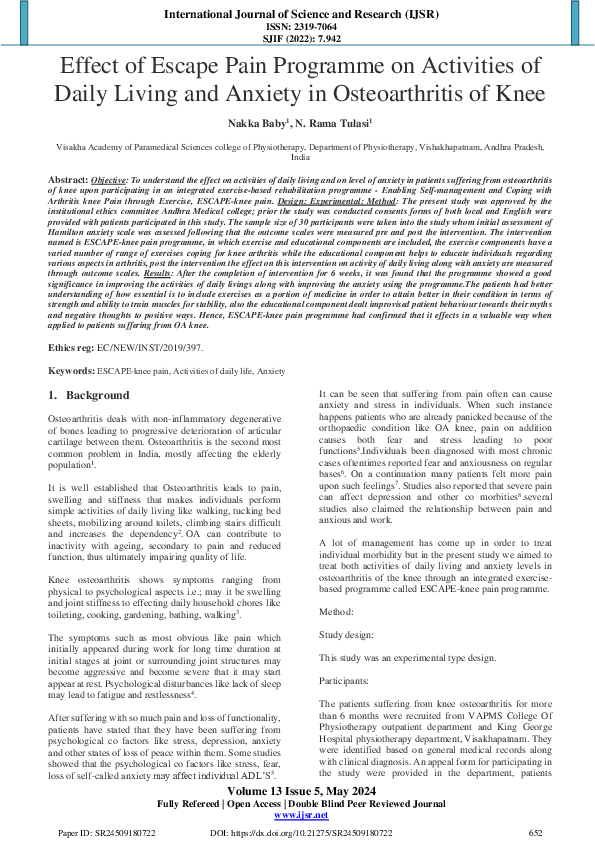 (PDF) Effect of Escape Pain Programme on Activities of Daily Living and ...