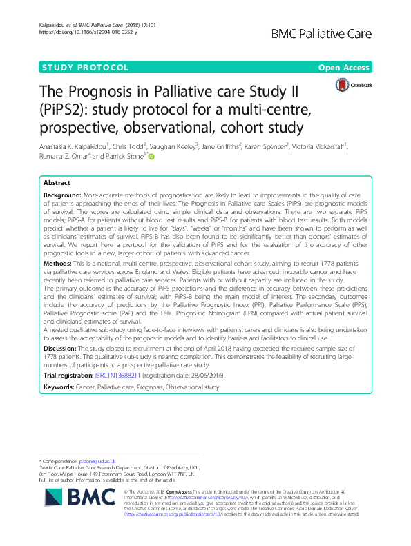 (PDF) The Prognosis in Palliative care Study II (PiPS2): study protocol ...