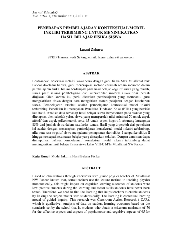 (PDF) Penerapan Pembelajaran Kontekstual Model Inkuiri Terbimbing Untuk Meningkatkan Hasil ...