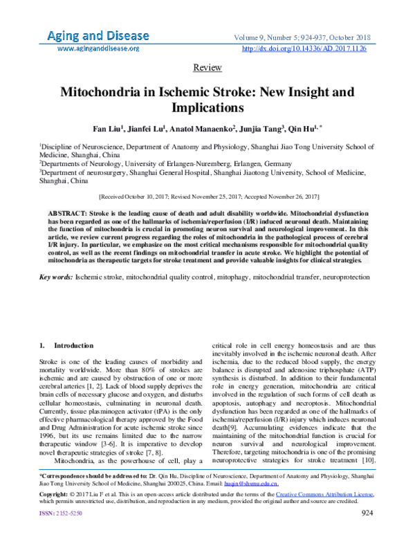(PDF) Mitochondria in Ischemic Stroke: New Insight and Implications