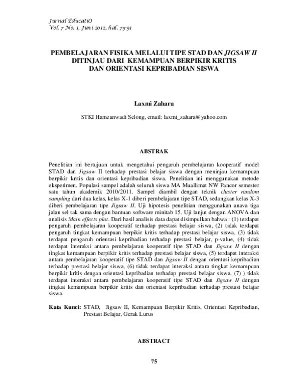 (PDF) Pembelajaran Fisika Melalui Tipe Stad Dan Jigsaw II Ditinjau Dari Kemampuan Berpikir ...