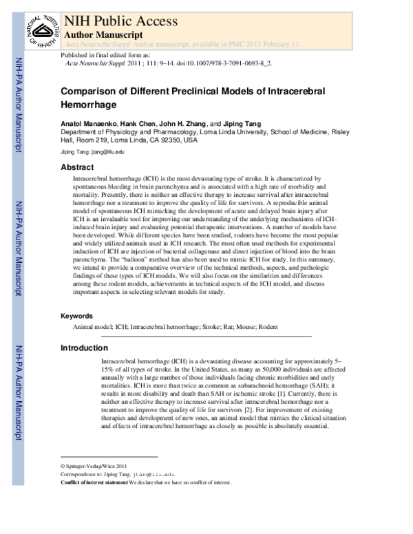(PDF) Comparison of Different Preclinical Models of Intracerebral ...