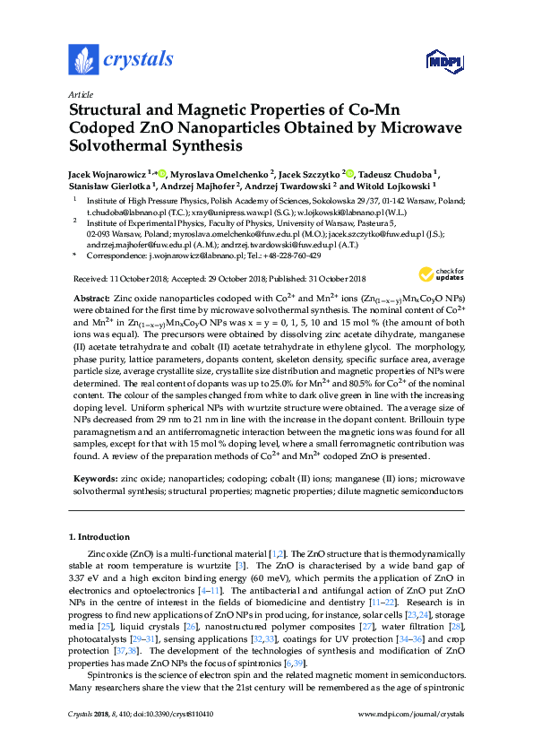 (PDF) Structural and Magnetic Properties of Co‒Mn Codoped ZnO Nanoparticles Obtained by ...