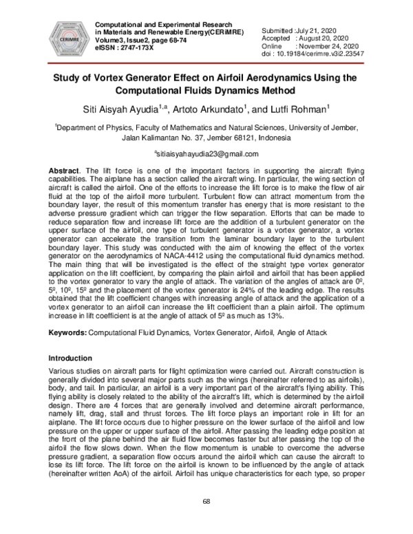 (PDF) Study of Vortex Generator Effect on Airfoil Aerodynamics Using the Computational Fluids ...