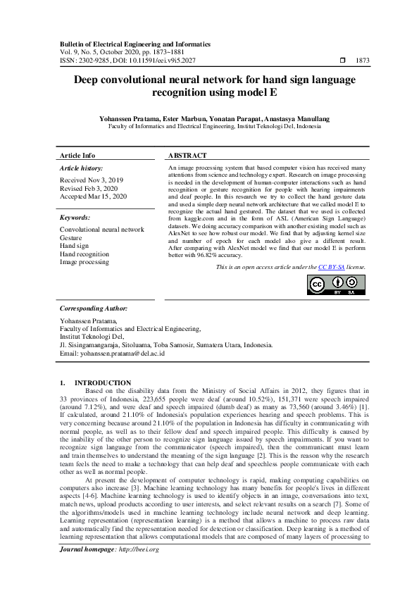 Pdf Deep Convolutional Neural Network For Hand Sign Language Recognition Using Model E 