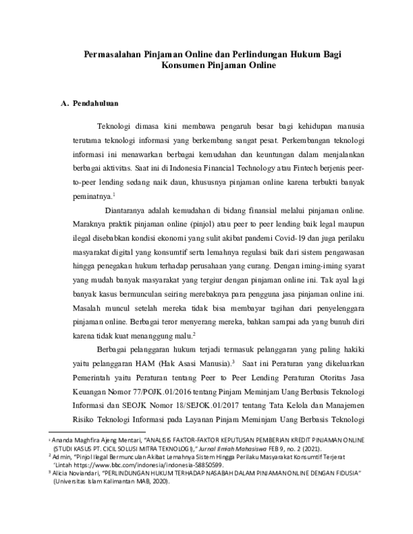 (PDF) Permasalahan Pinjaman Online dan Perlindungan Hukum Bagi Konsumen Pinjaman Online