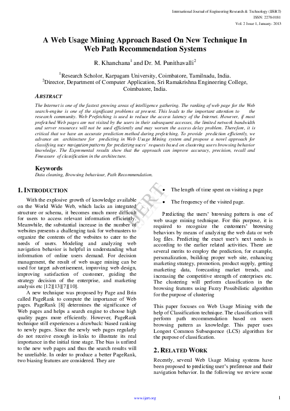 Pdf A Web Usage Mining Approach Based On New Technique In Web Path Recommendation Systems