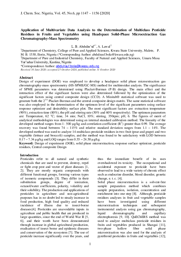 Pdf Application Of Multivariate Data Analysis To The Determination Of Multiclass Pesticide 4234