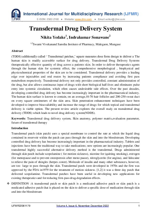 (PDF) Transdermal drug delivery system: An overview