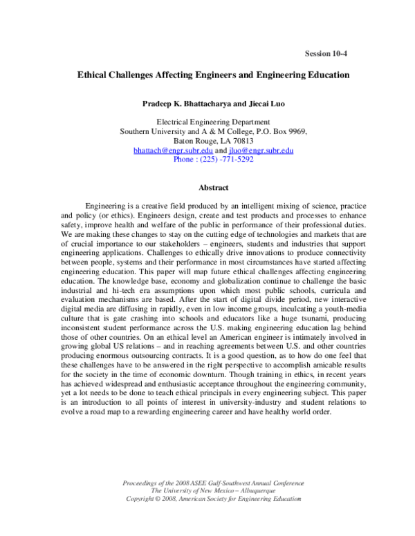(PDF) Ethical Challenges Affecting Engineers and Engineering Education
