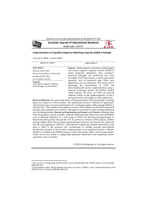 (PDF) Implementation of Cognitive Diagnosis Modeling using the GDINA R Package