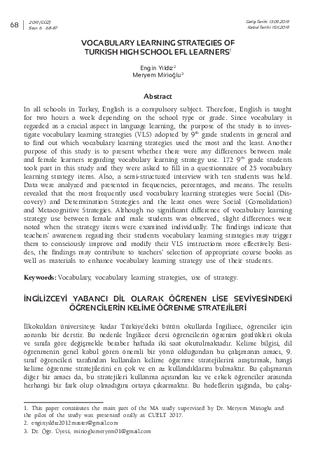 (PDF) The Vocabulary Learning Strategies of High School Efl Learners ...
