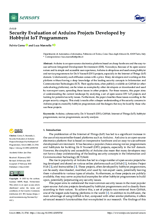 Pdf Security Evaluation Of Arduino Projects Developed By Hobbyist Iot Programmers