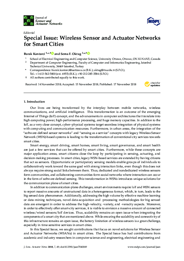 (PDF) Special Issue: Wireless Sensor and Actuator Networks for Smart Cities
