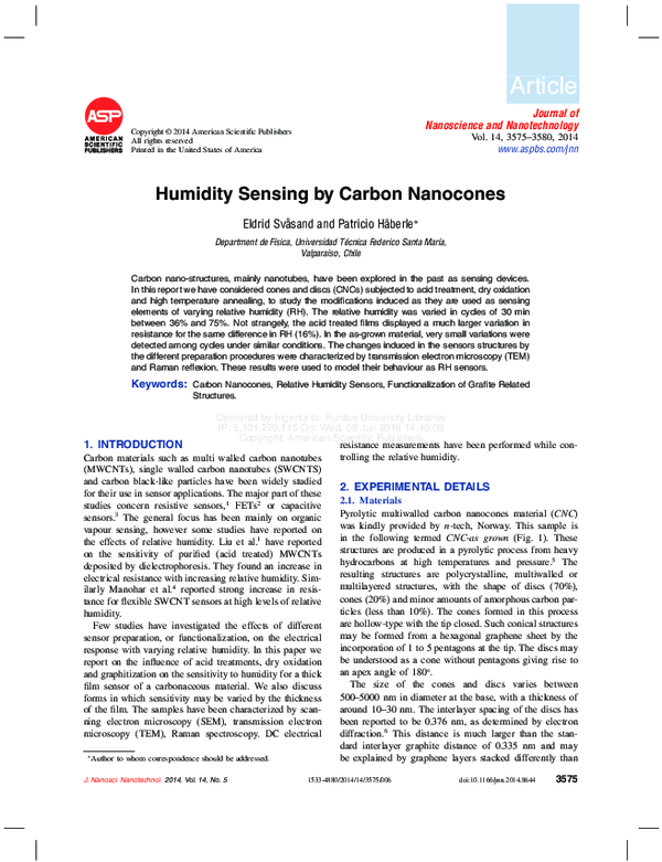 (PDF) Humidity Sensing by Carbon Nanocones