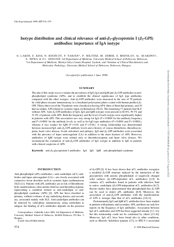 (PDF) Isotype distribution and clinical relevance of anti-β2-glycoprotein I (β2-GPI) antibodies ...