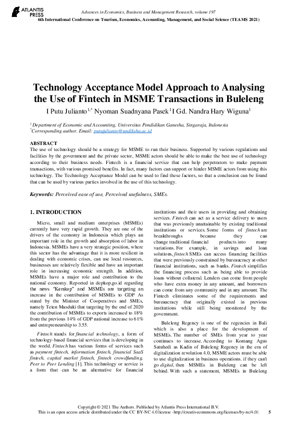 (PDF) Technology Acceptance Model Approach to Analysing the Use of Fintech in MSME Transactions ...