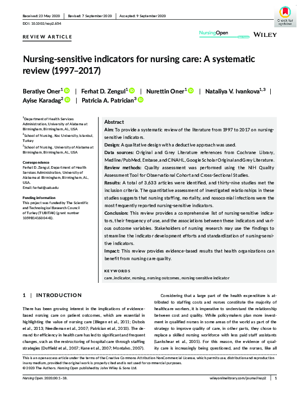 (PDF) Nursing‐sensitive indicators for nursing care: A systematic ...