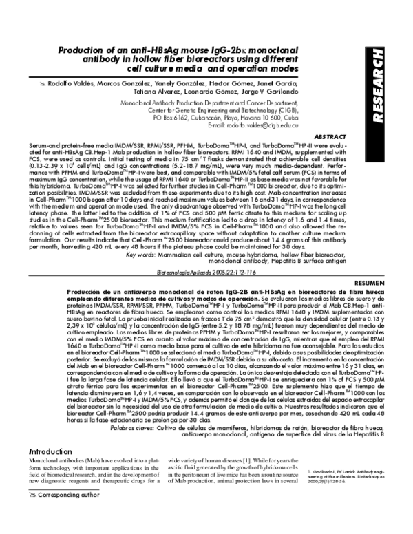 (PDF) Production of an anti-HBsAg mouse IgG-2b κ monoclonal antibody in ...
