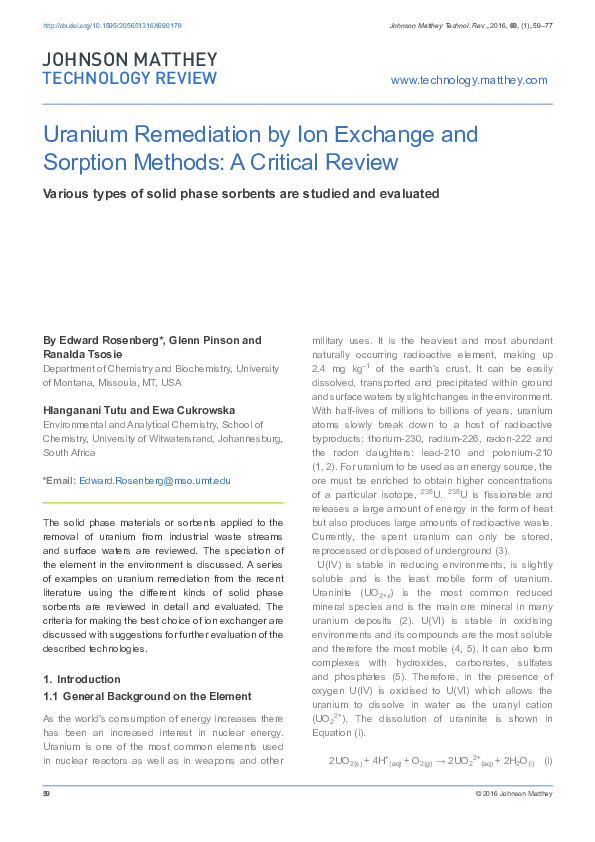 (PDF) Uranium Remediation by Ion Exchange and Sorption Methods: A Critical Review | Hlanganani ...