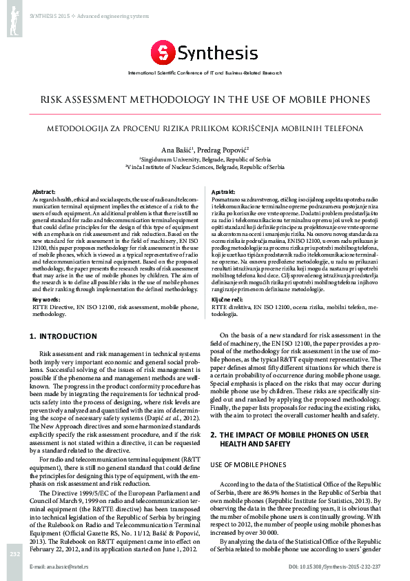 (PDF) Risk assessment methodology in the use of mobile phones
