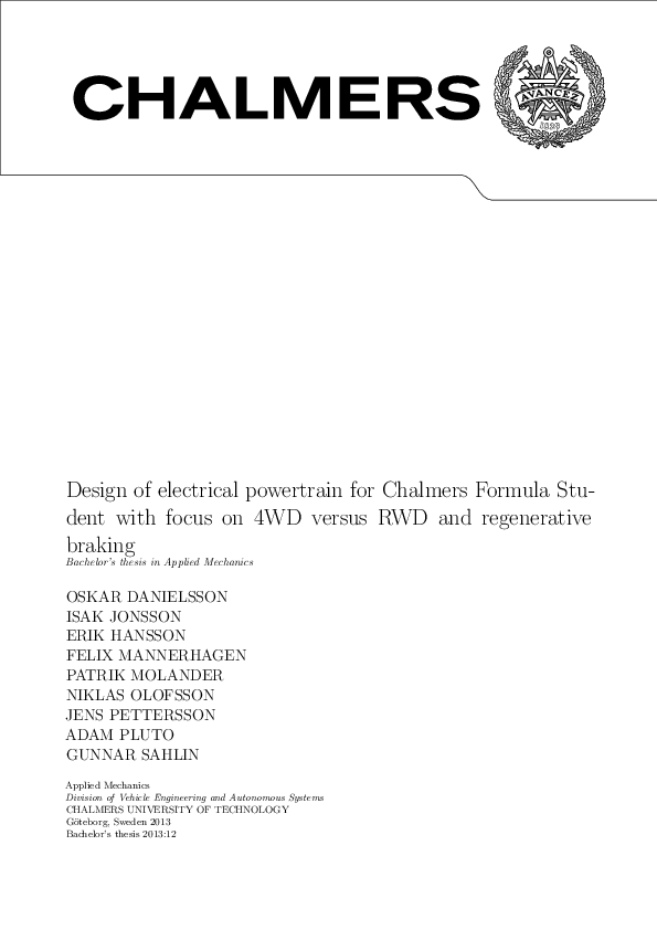 (PDF) Design of electrical powertrain for Chalmers Formula Student with ...