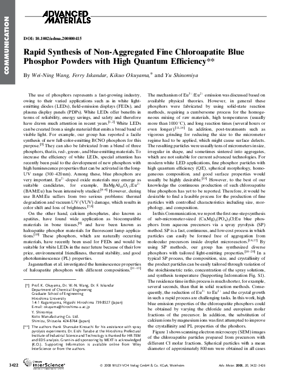 (PDF) Rapid Synthesis of Non‐Aggregated Fine Chloroapatite Blue ...