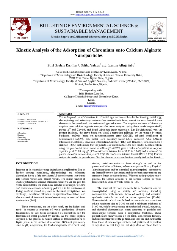 Pdf Chromium Adsorption Kinetics On Alginate Nanoparticles
