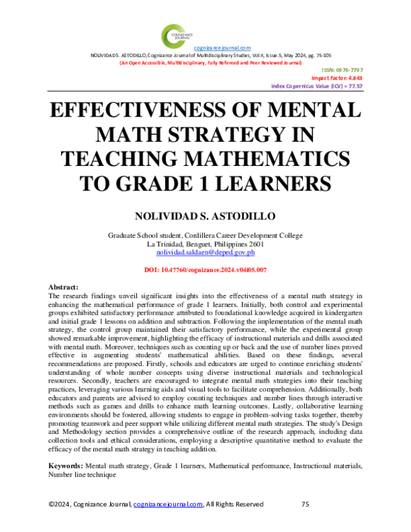 (PDF) EFFECTIVENESS OF MENTAL MATH STRATEGY IN TEACHING MATHEMATICS TO ...