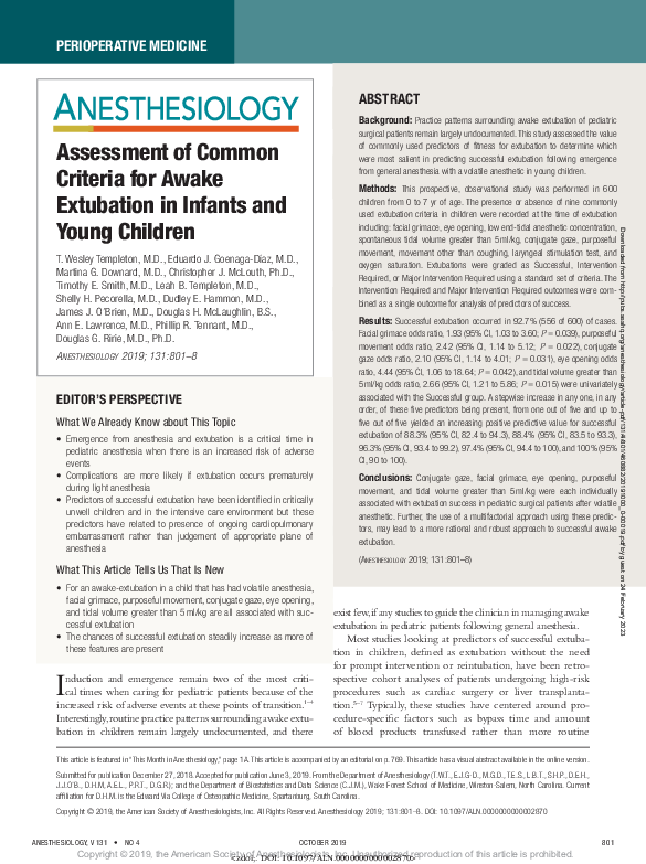 (PDF) Key Predictors of Successful Awake Extubation in Young Children